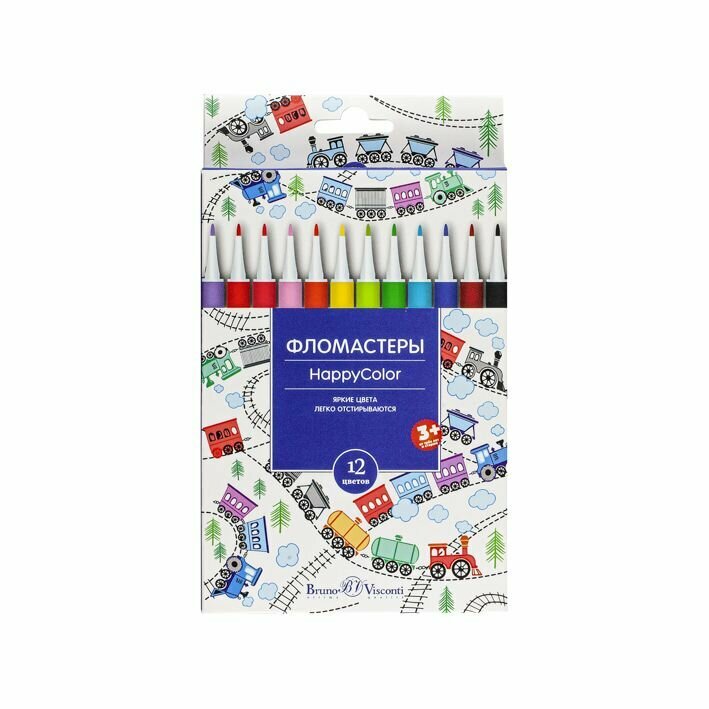 Фломастеры 12 цветов Bruno Visconti HappyColor, Паровозики
