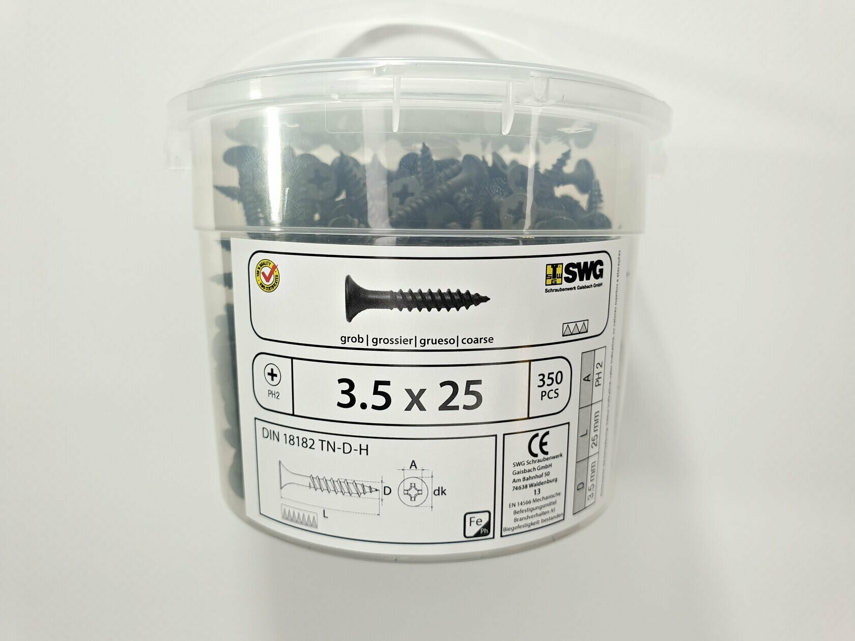 Саморез по гипсокартону DIN 18182 Тип TN-D-H (без бура) 3.5x25 (350 pcs) SWG, Германия