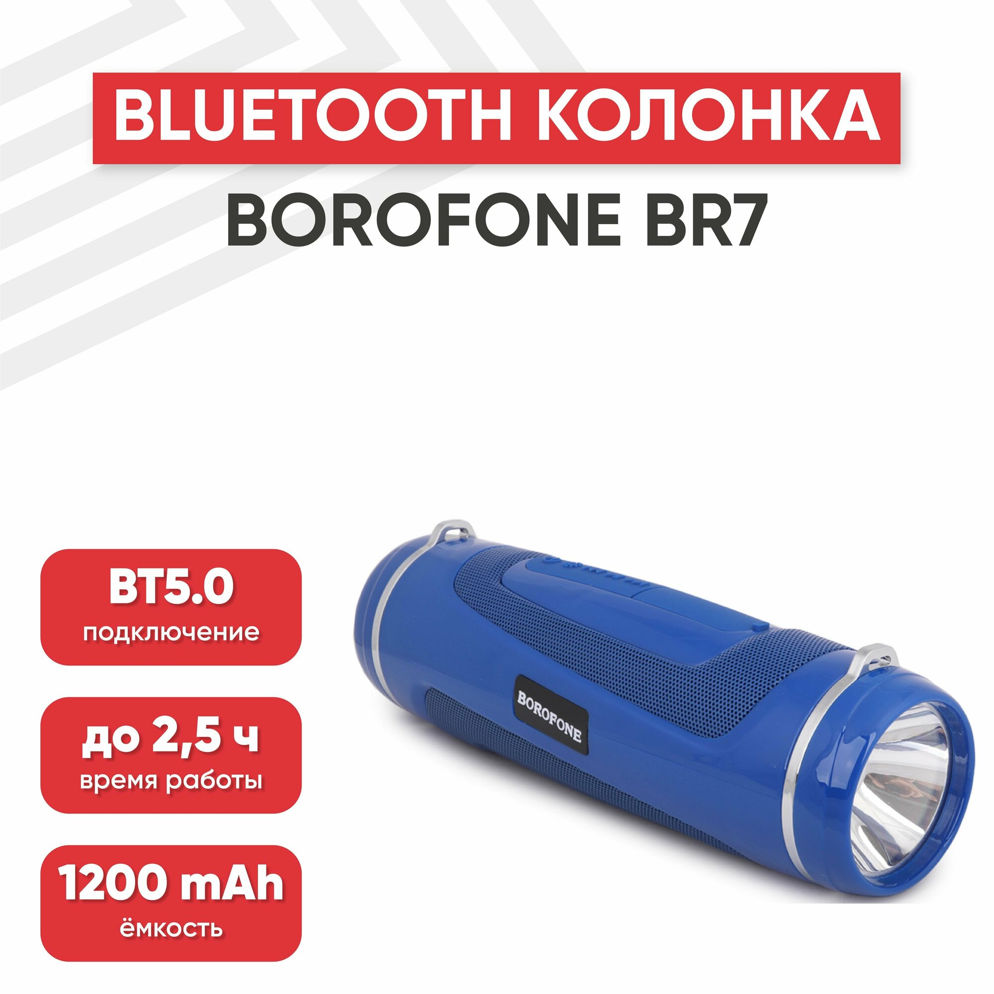 Портативная колонка Borofone BR7 Empyreal Sports, 1200мАч, 2 динамика 5Вт, BT 5.0, AUX, MicroSD, USB, FM, синий