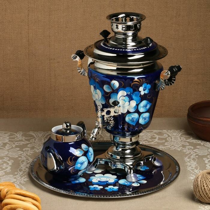 Набор "Жостово на синем", рюмка, 3 предмета, самовар 3 л, заварочный чайник 0,7 л, поднос