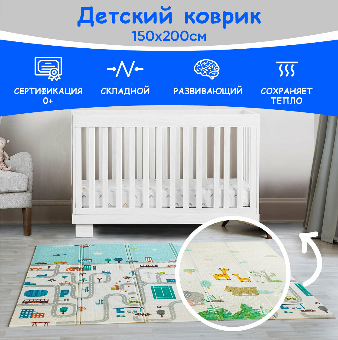 Коврик детский для ползания складной развивающий игровой двусторонний на пол для новорожденных малышей термоковрик пазл MIKMEL ECO Городской трафик/Зоопарк 150х200см