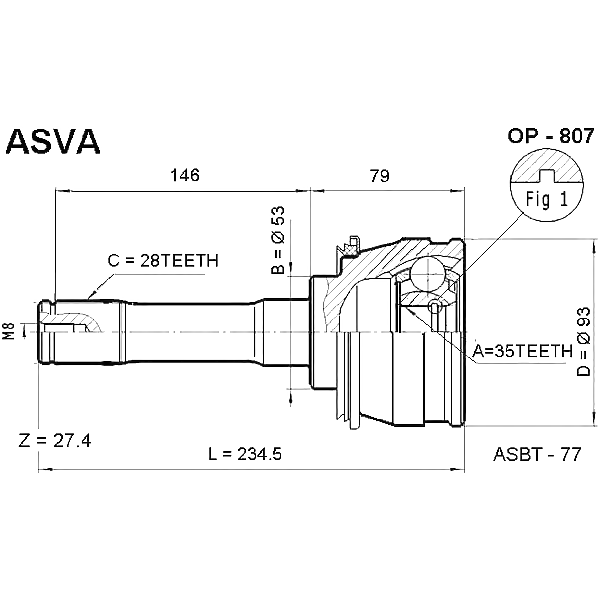 ASVA op-807 (4130005100X / GO1705 / OP807) шрус наружный 35x53x28 ssang yong ssang yong : Musso (Муссо) 602 diesel