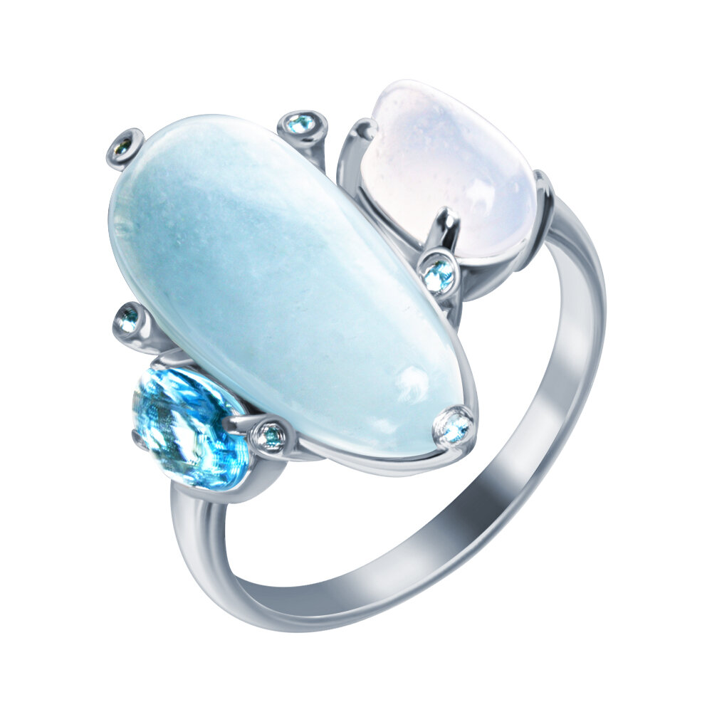 Кольцо, серебро, 925 проба, фианит, халцедон, аквамарин