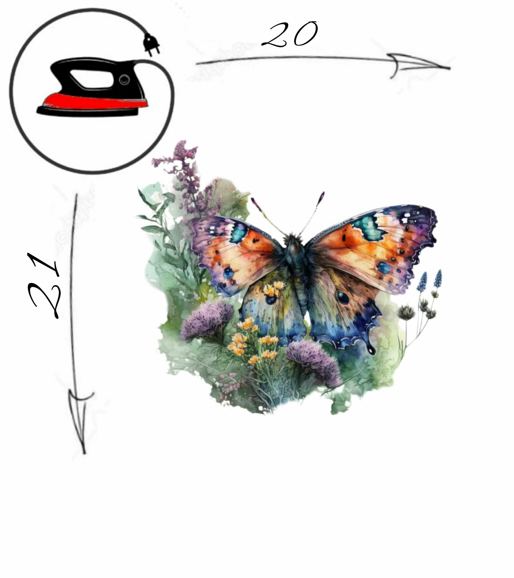 Термотрансфер "Бабочка в цветами", наклейка на одежду, 20х21