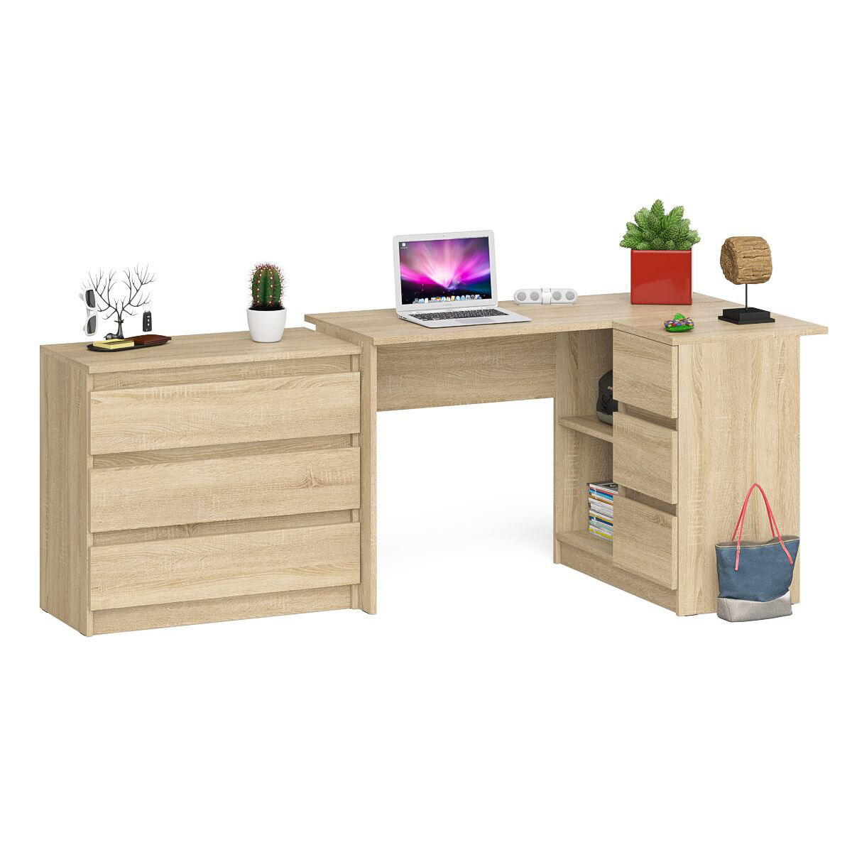 Комод три ящика на со столом компьютерным угловым СВК Мори МС-16 правым цвет дуб сонома, 204,8х84,9х76,6 см.