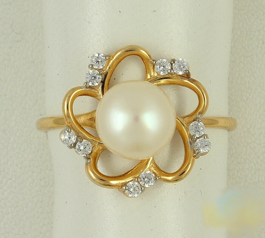 Кольцо, красное золото, 585 проба, фианит, жемчуг имитация