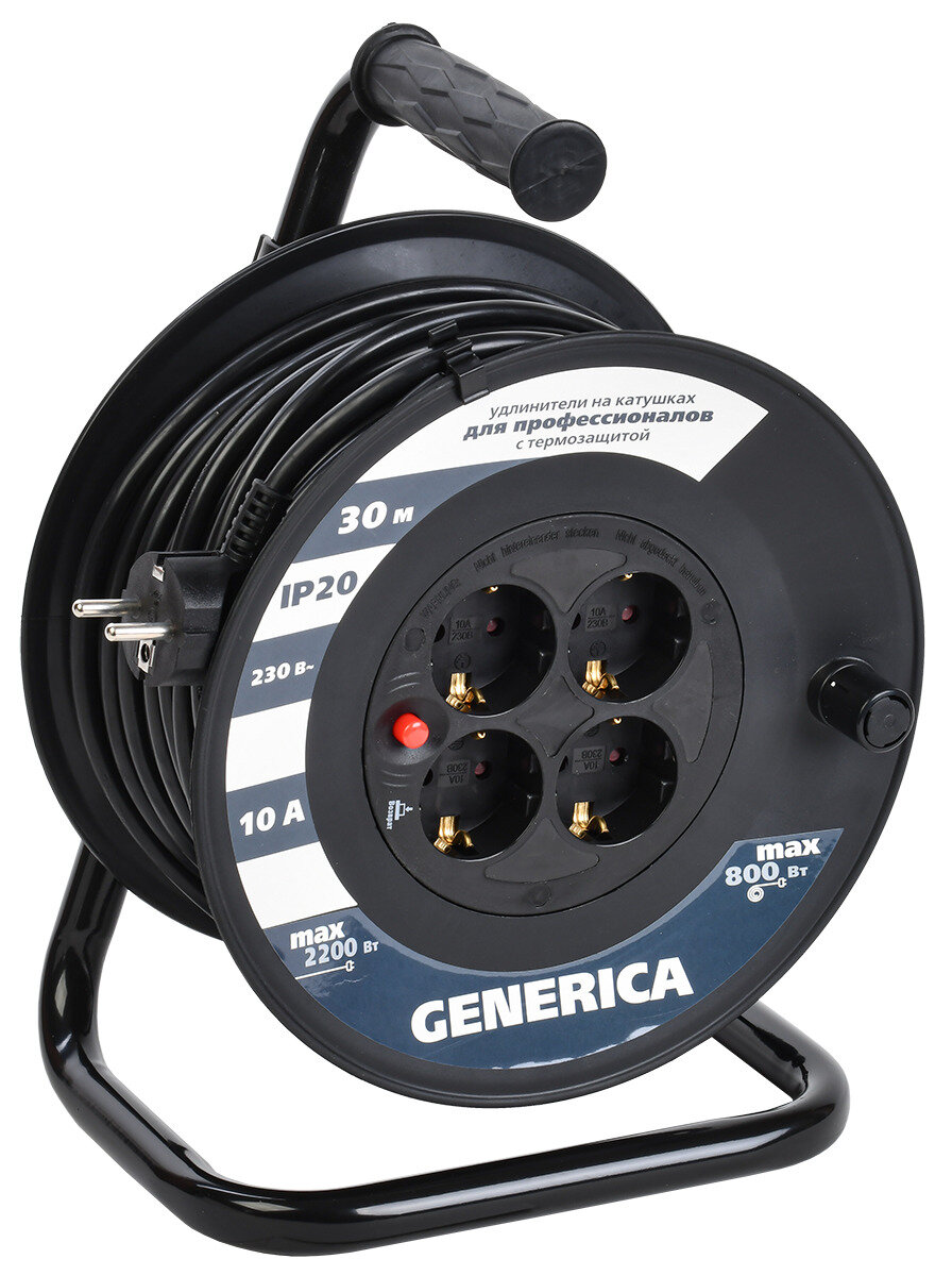 Катушка (удлинитель) Generica УК30 4 места 2P+PE 30м 3х1.0мм2 WKP10-10-04-30-G