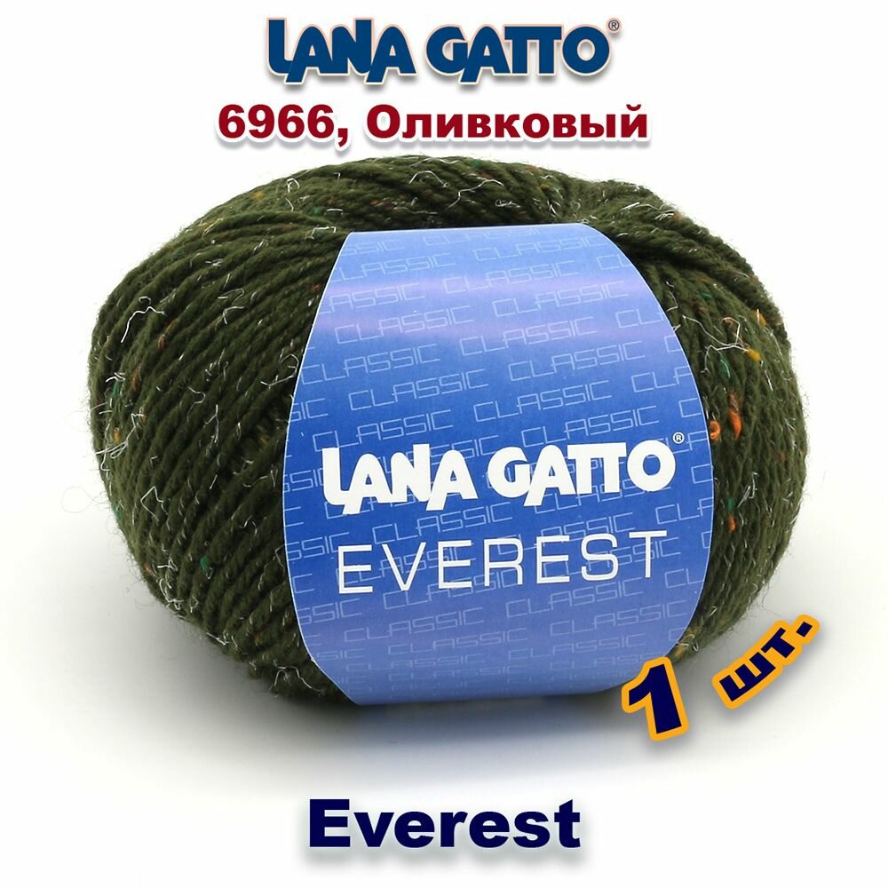 Пряжа Меринос: 95%, Вискоза: 5%/ Lana Gatto Everest, Цвет: #6966, Оливковый меланж (1 моток)