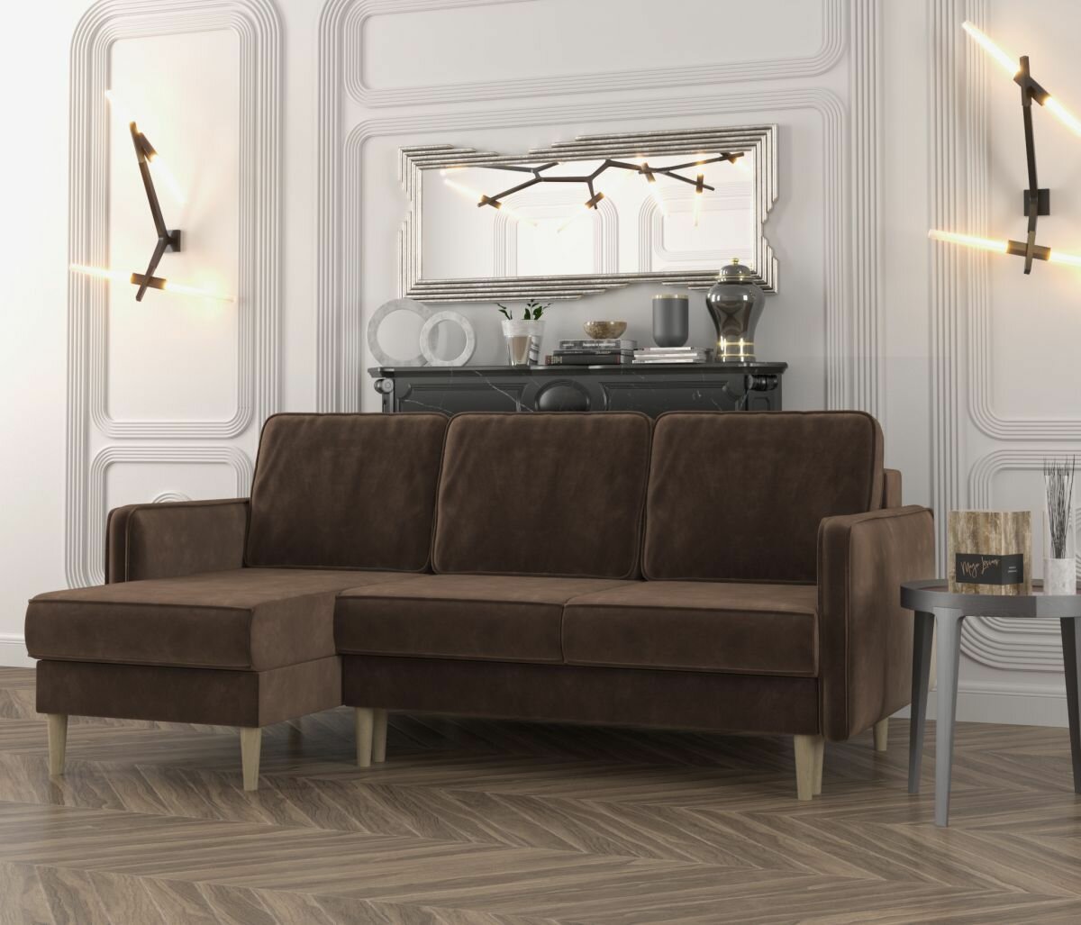 Диван угловой DiHall Монэ, еврокнижка, велюр искусственный, коричневый