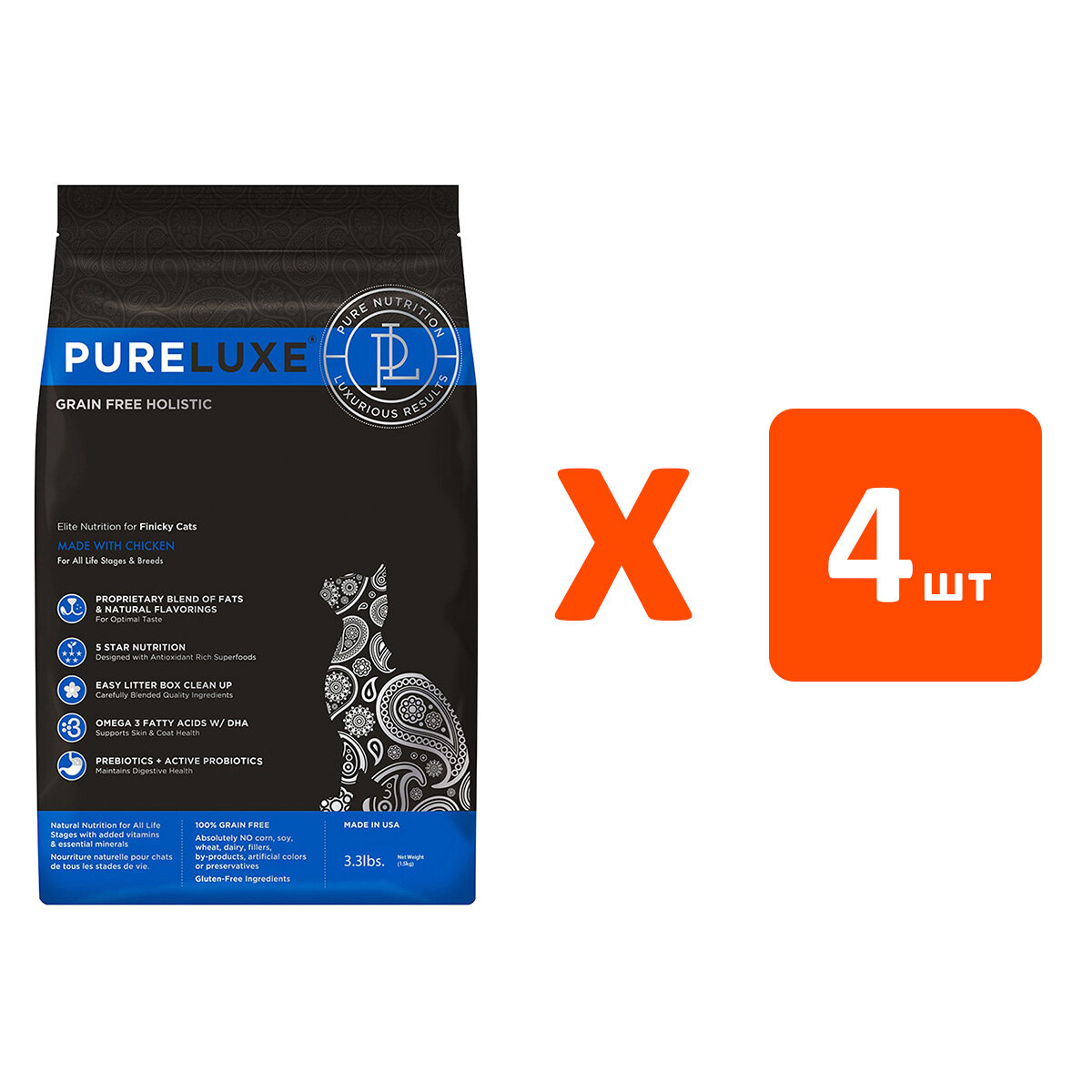 PURELUXE элитное питание беззерновой для привередливых взрослых кошек с курицей (1,5 кг х 4 шт)