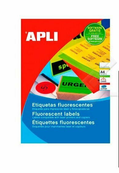 Этикетки APLI, А4, 210х297, 1шт/л, 100л, прямоугольные, флюор. оранжевые 11748