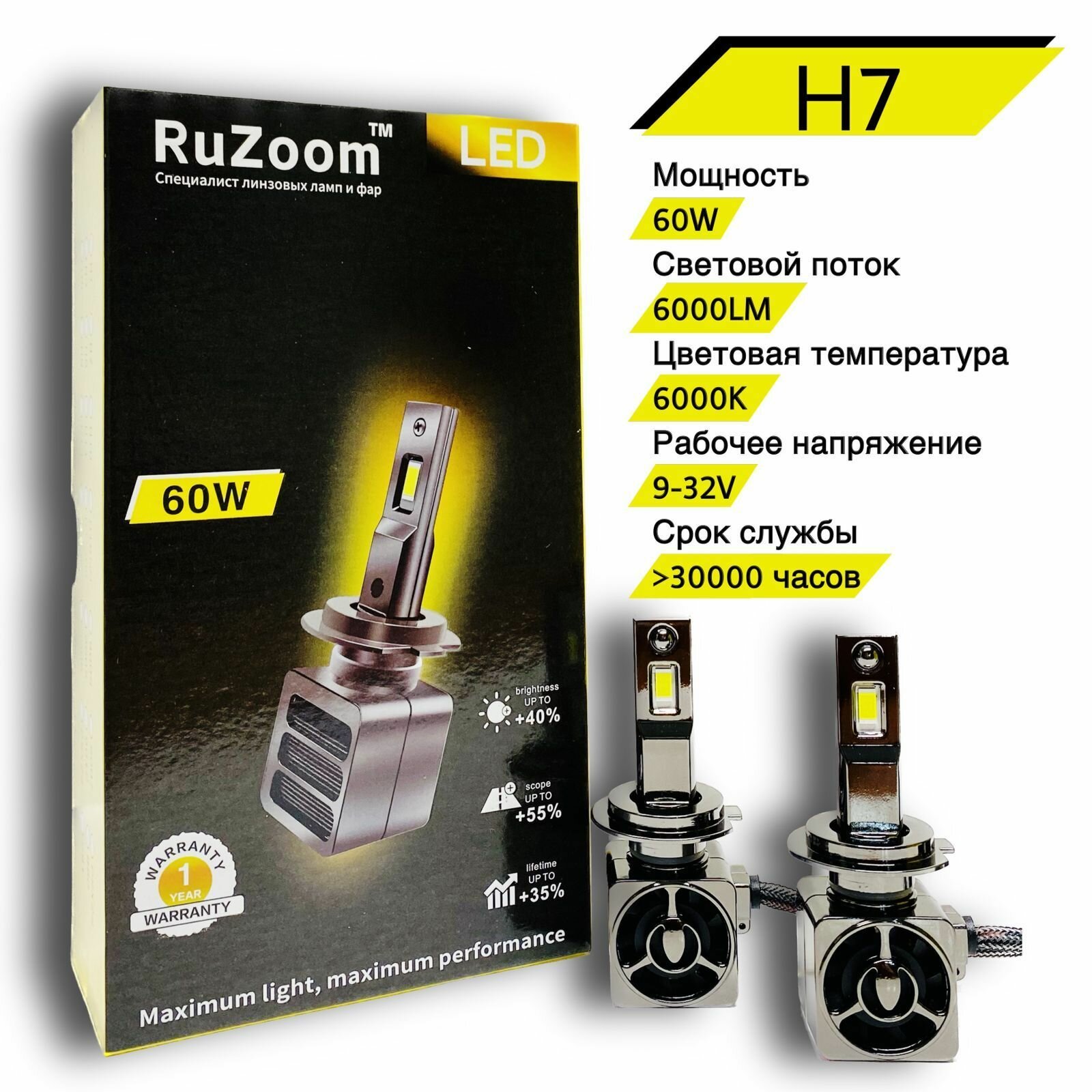 Светодиодные лампы LED 60W RuZoom с цоколем H7, комплект 2 шт.