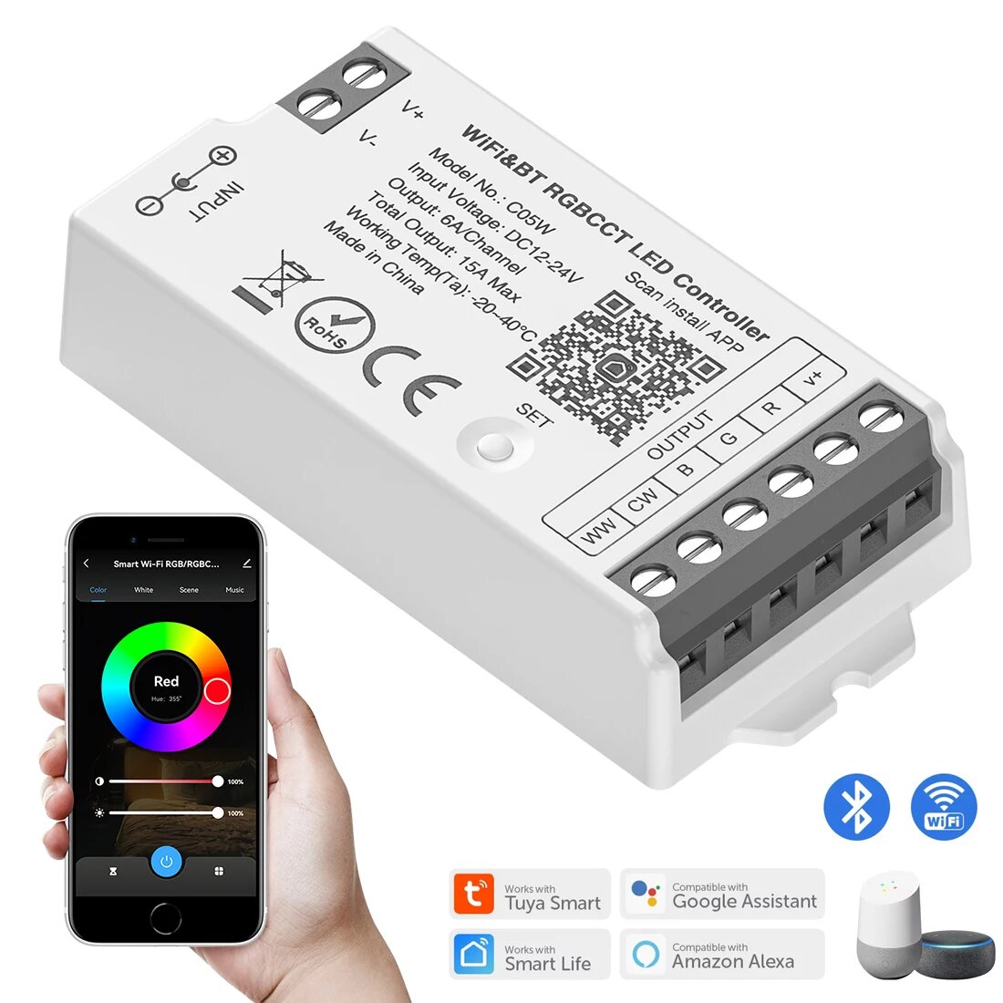 Умный RGBW контроллер BTF-LIGHTING для светодиодной ленты Tuya Wi-Fi 12-24В Only 1xController, 6 Pin RGBCCT Lights