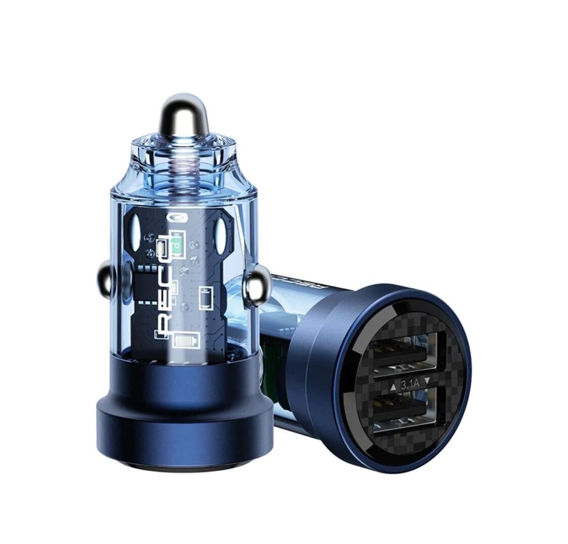 Автомобильное зарядное устройство Recci Journey Transparent Design 15.5W, 2*USB-A, Прозрачный+Синий, RCC-N16