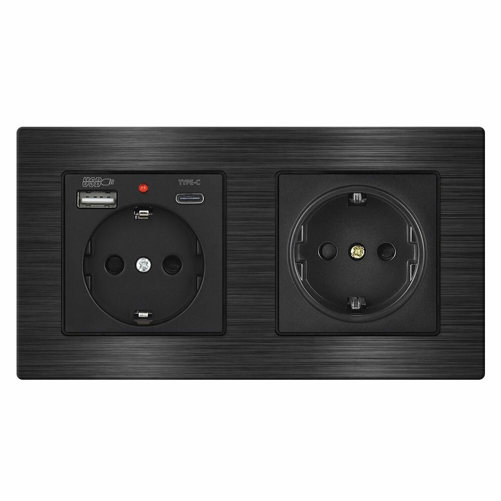 Двойная черная розетка с USB и Type-C портами, Рама из алюминиевого сплава 153мм * 82 мм.