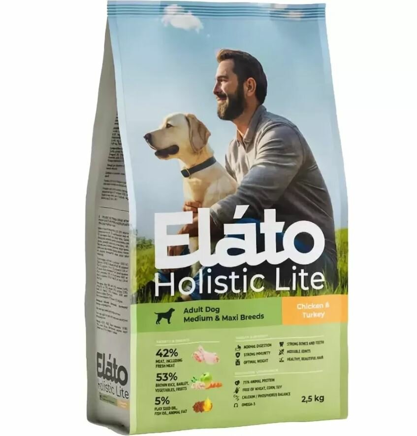 Elato_ Сухой корм Elato Holistic Lite для собак средних и крупных пород с курицей и индейкой, 2,5кг 2.5 кг