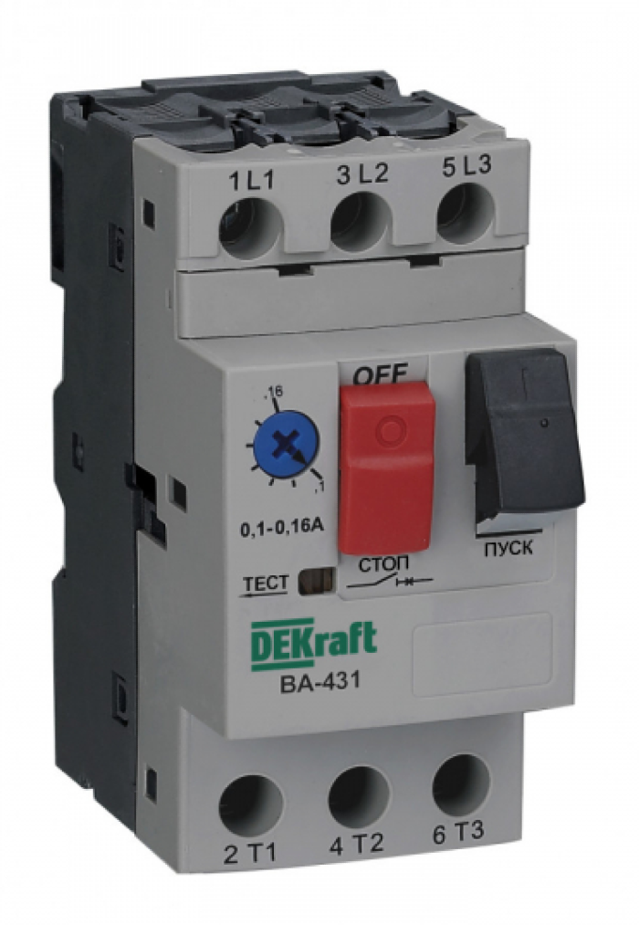 Пускатель ручной кнопочный DEKraft / ДеКрафт ВА-431 в пластиковом корпусе с термомагнитным расцепителем, серый, 3 полюса, 690В 1.6А 100кА, IP20, 21225DEK