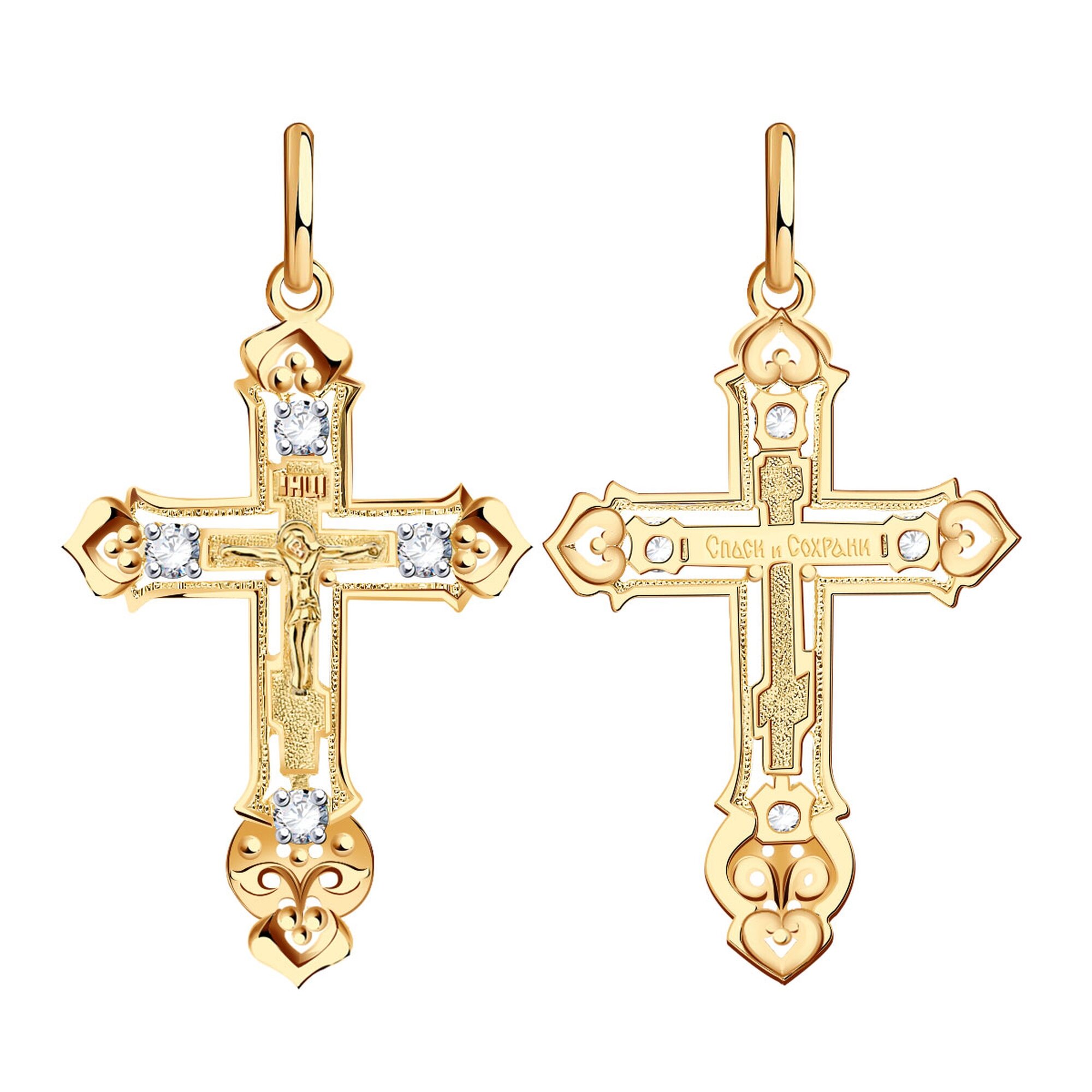 Крестик, красное золото, 585 проба, фианит