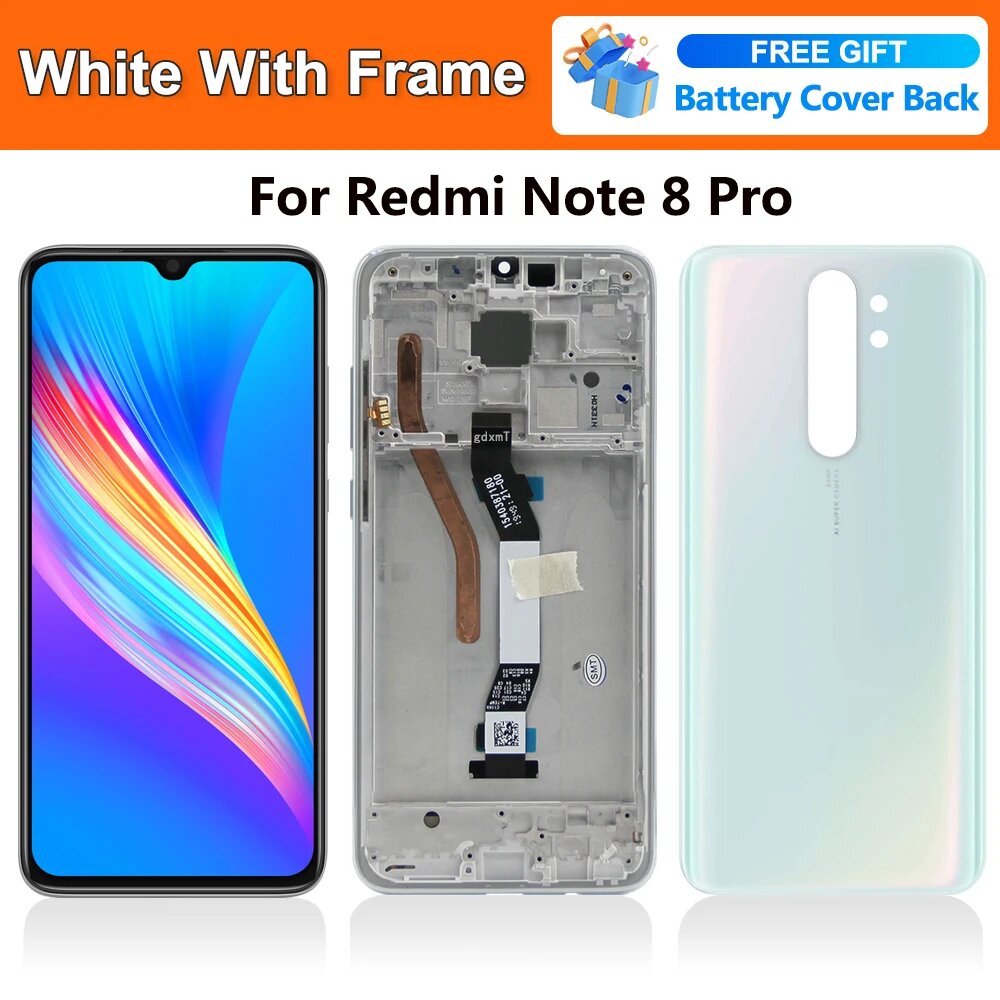 6,53 "для Xiaomi Redmi Note 8 Pro ЖК-дисплей с сенсорным экраном, для Redmi Note 8Pro M1906G7I Замена ЖК-дисплея, с рамкой Silver Frame Cover