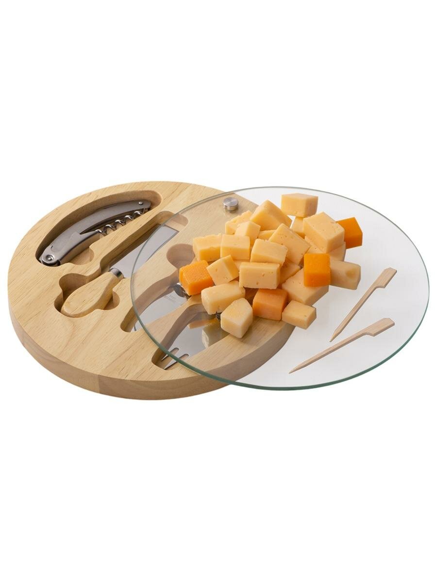 Набор для сыра и вина со стеклянной крышкой «Rendezvous», ножи- натуральный/серебристый, коробка- натуральный/прозрачный