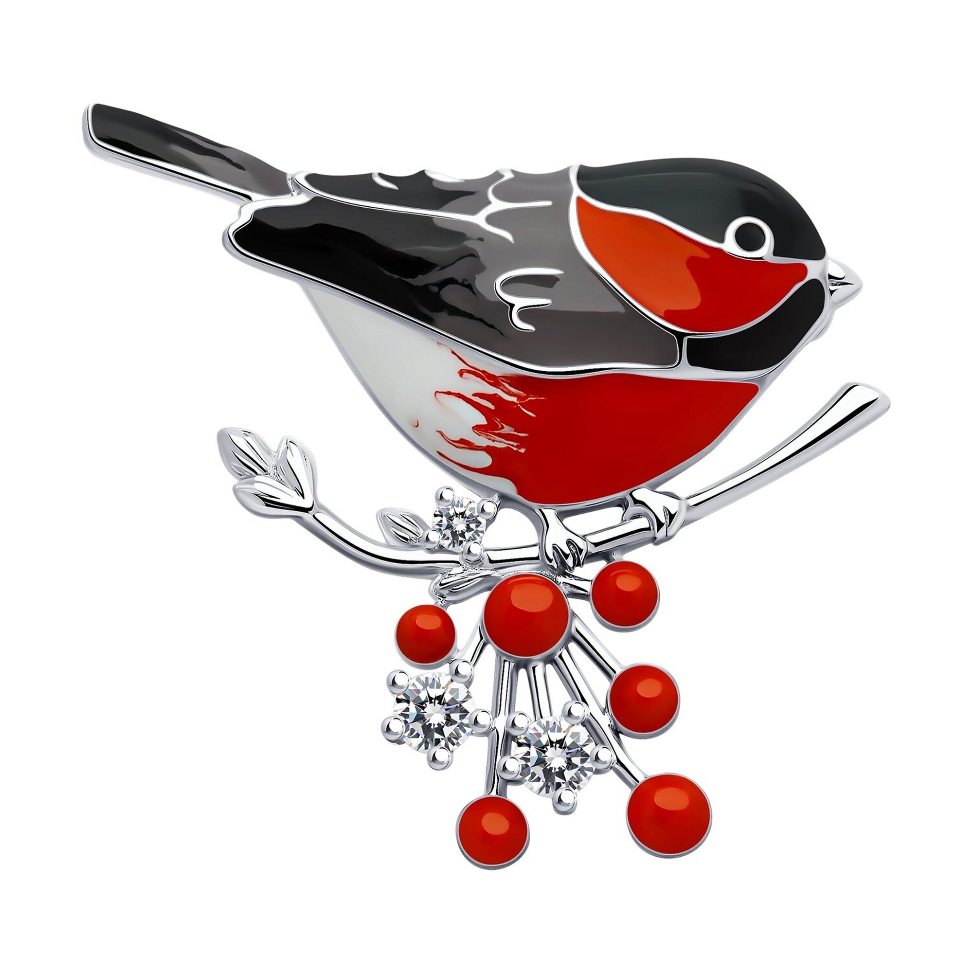 Брошь, серебро, 925 проба, родирование, фианит, эмаль