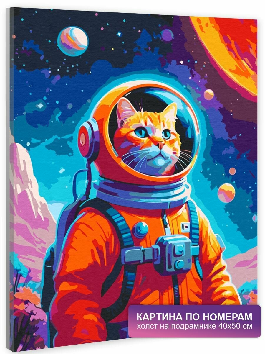 Картина по номерам на холсте с подрамником 40х50 см. Природа, животные, рыбы, птицы. Кот, кошка, котенок. "Фелисетт, кот в космосе", арт. 5360/