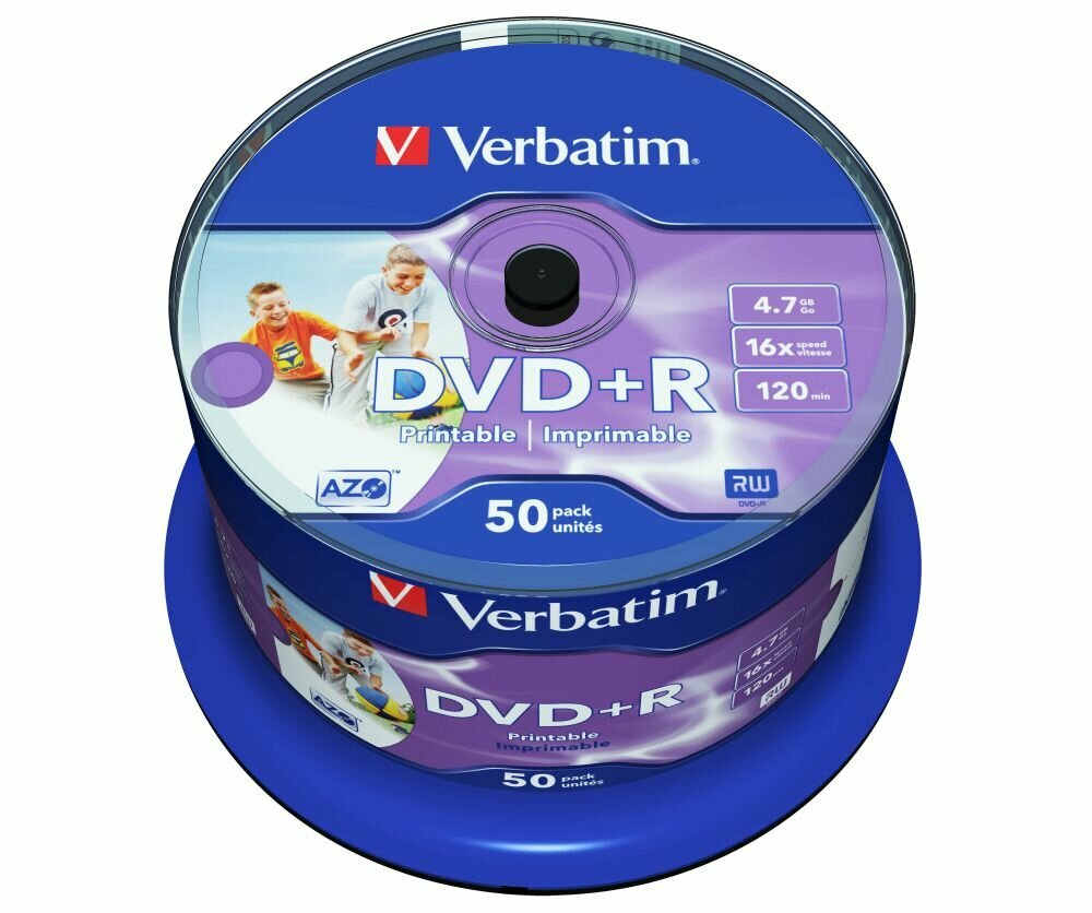 Оптические диски Verbatim DVD+R 4.7 ГБ 16X AZO под струйную печать Printable No ID 50 шт. на шпинделе