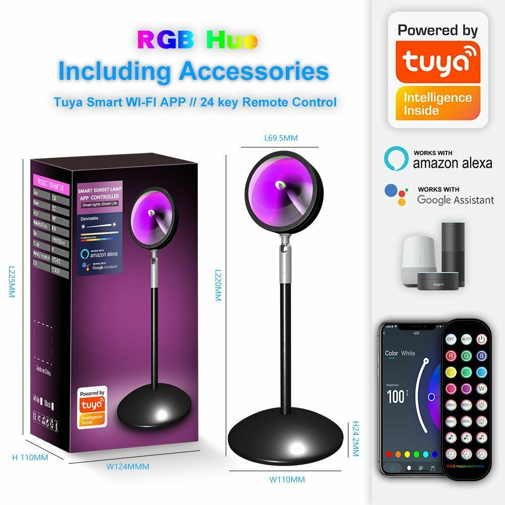 Умная лампа для заката Tuya, USB проектор, ночник, 16 цветов, изменение цвета с дистанционным управлением через Bluetooth, управление через приложение, атмосфера, настроение
