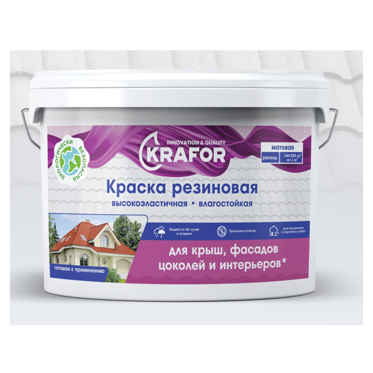 Краска резиновая Krafor высокоэластичная, влагостойкая, белая, база А, 3 кг
