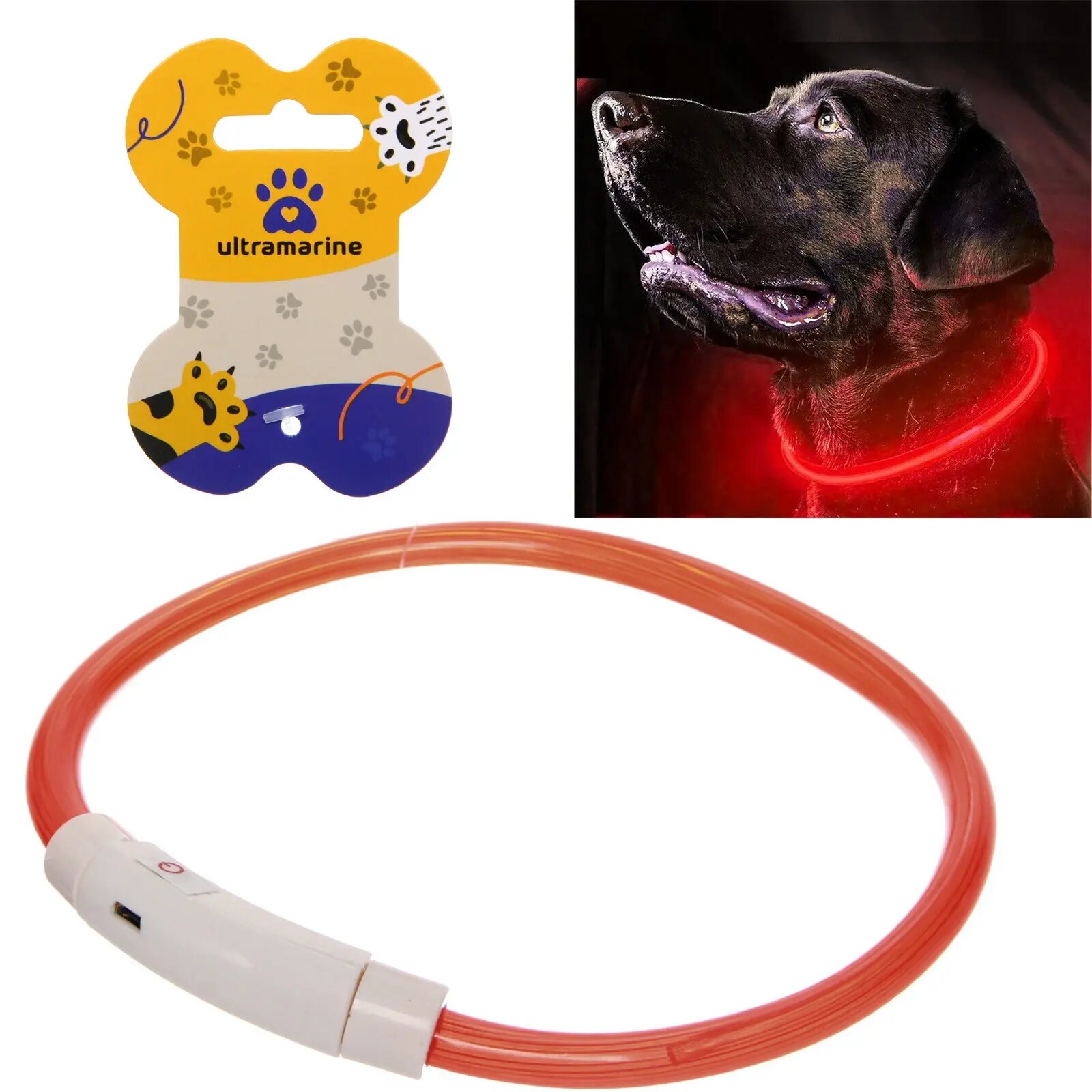 Ошейник светодиодный «Защита Бро» для собак, красный, USB-зарядка, шнур в комплекте, размер M (50 см)