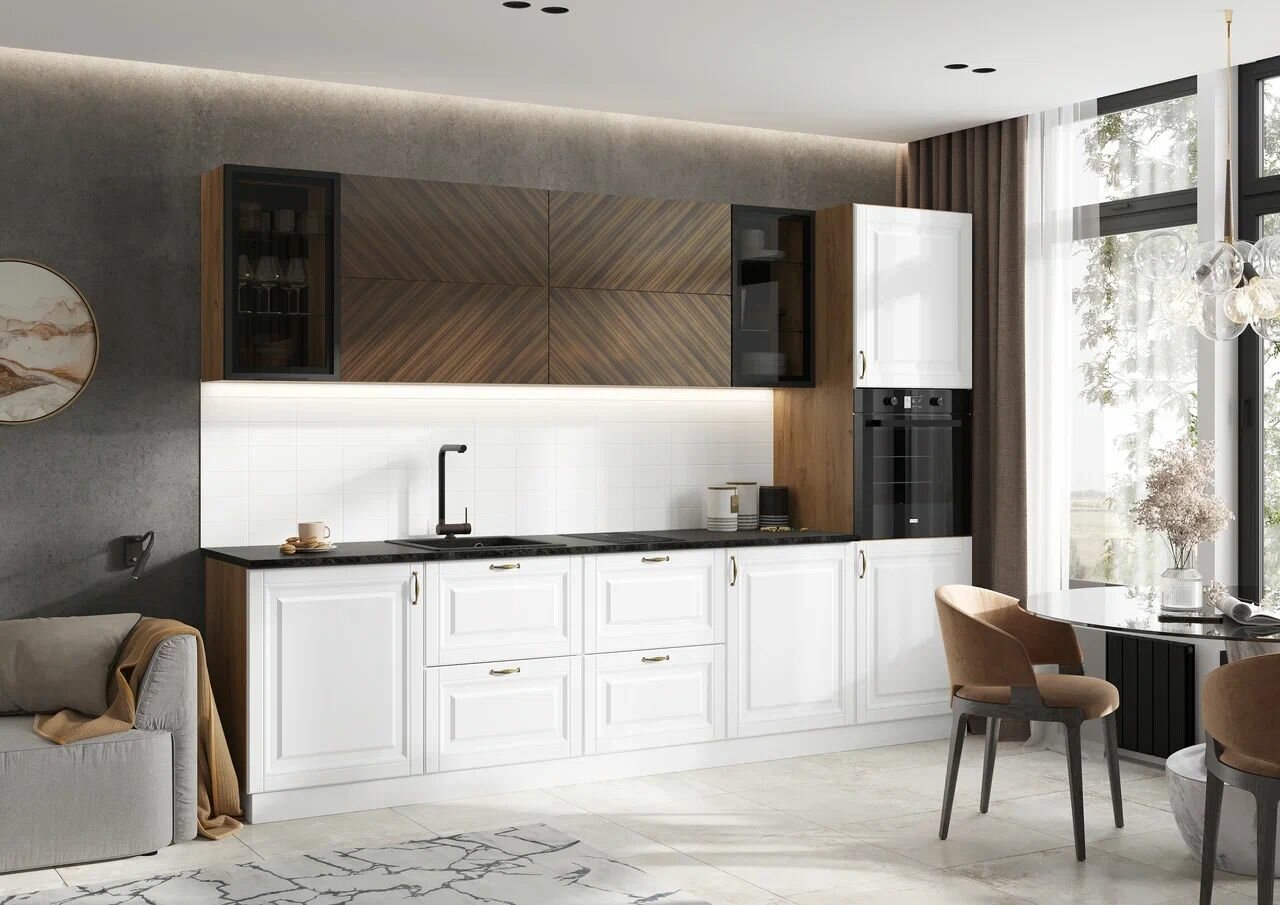 Кухня Престиж 3 м №1 (без антресолей) Браш Вайт, Прайм орех, корпус - Дуб Крафт