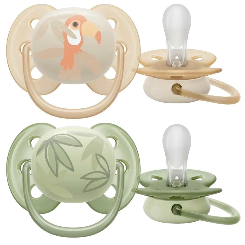 Пустышки Philips Avent "Ultra Soft", Тукан, Листья, с футляром, 0-6 месяцев, 2 шт