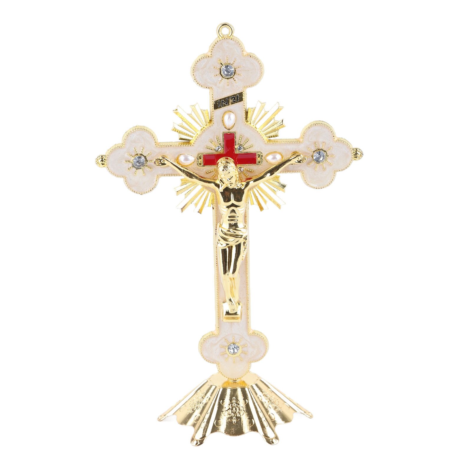 Металлический стоящий крест с красным горным хрусталем Распятие на основании для христиан