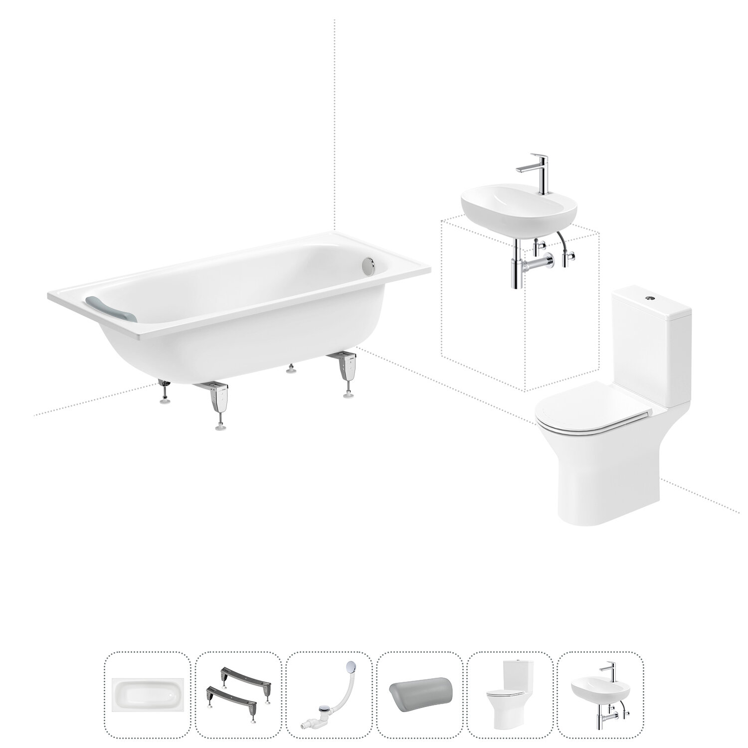 Стальная ванна 150х70 Sanitana BLB Europa 20220633R в наборе 6 в 1: металлическая ванна 150 х 70 см, ножки, слив-перелив, подголовник, унитаз, раковина с комплектом для подключения