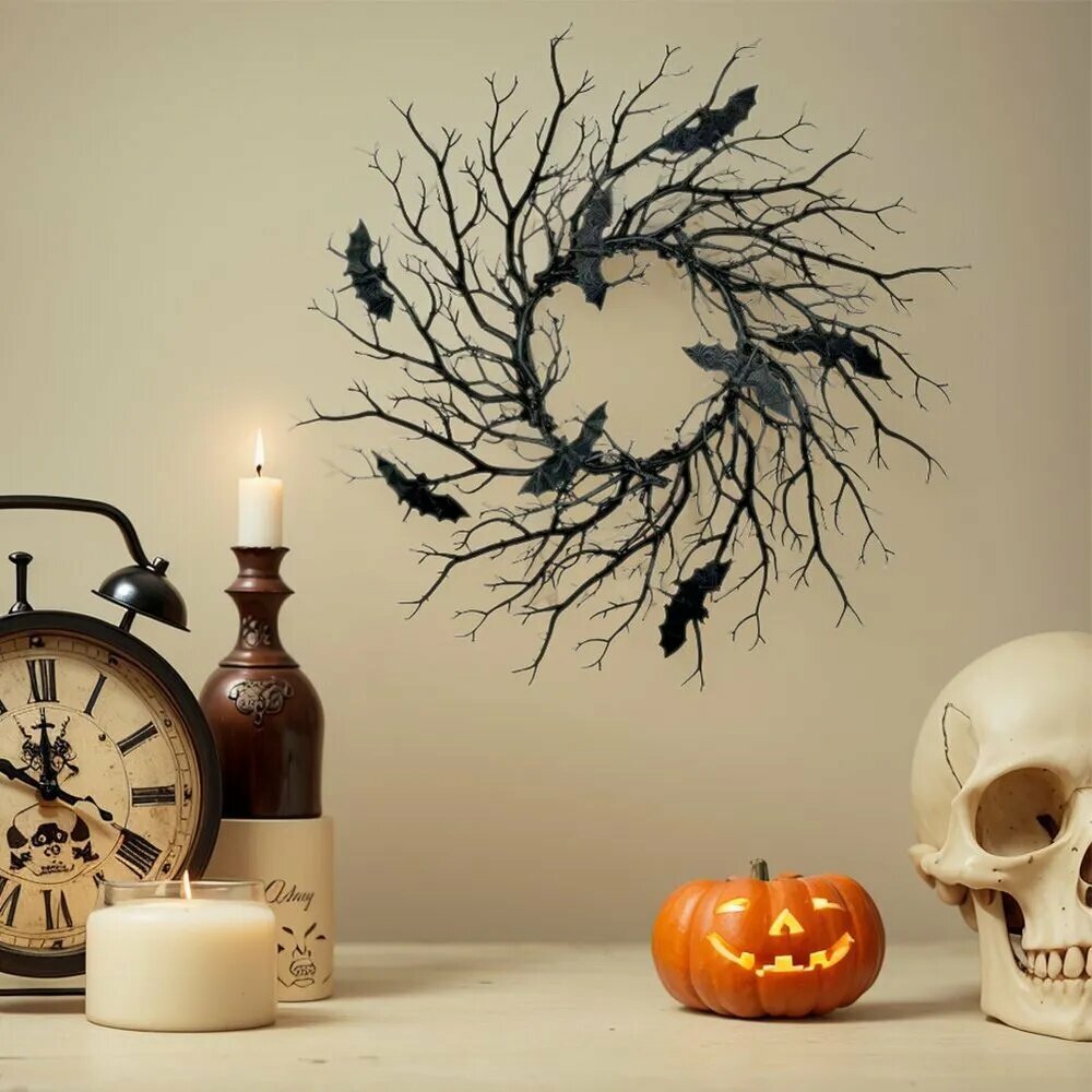 Венки ручной работы, ветви черной летучей мыши, украшения для Хэллоуина (без света)