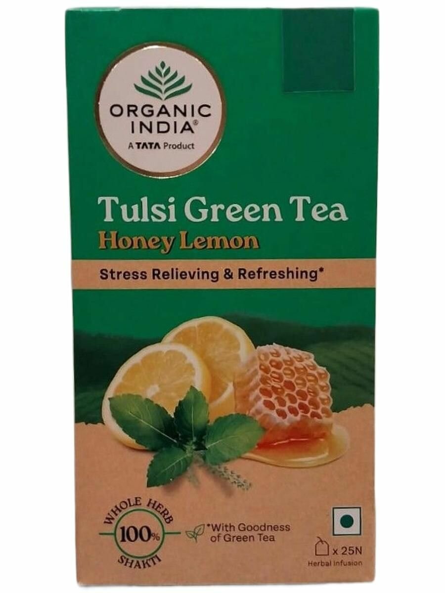 Тулси Зеленый чай, Мёд, Лимон. Tulsi green tea, honey lemon. Organic India. (25 пакетиков в упаковке).