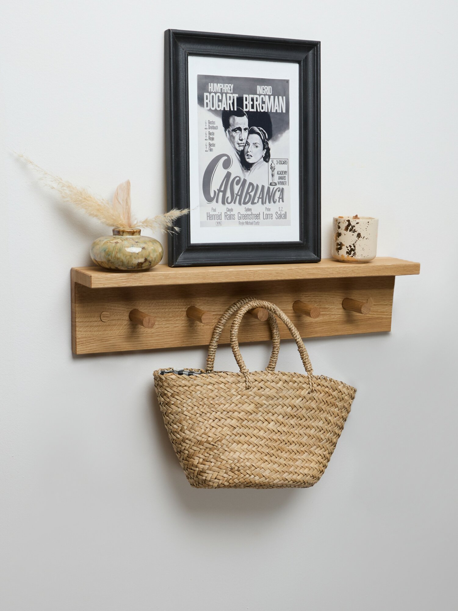 Вешалка с полкой настенная SONOMA Home, массив дуба, 5 крючков, ручная работа, покрытие бесцветным маслом