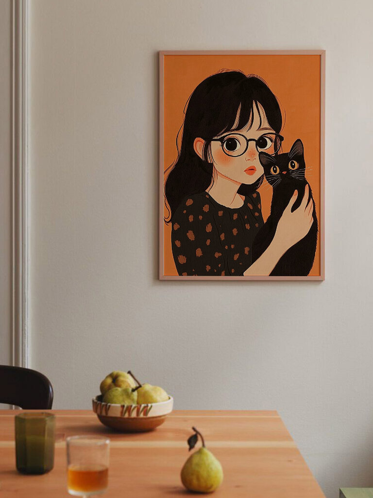 Постер для интерьера "Девушка и кот" А3, Подарок на 8 марта