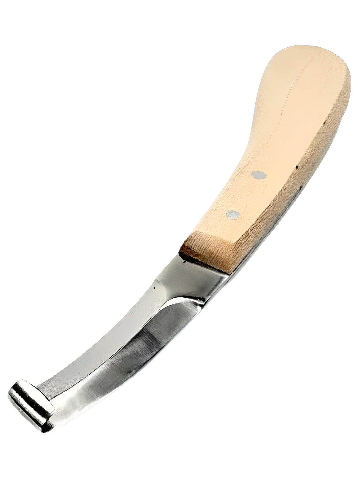 Нож для копыт, деревянная ручка, обе стороны лезвия острые.