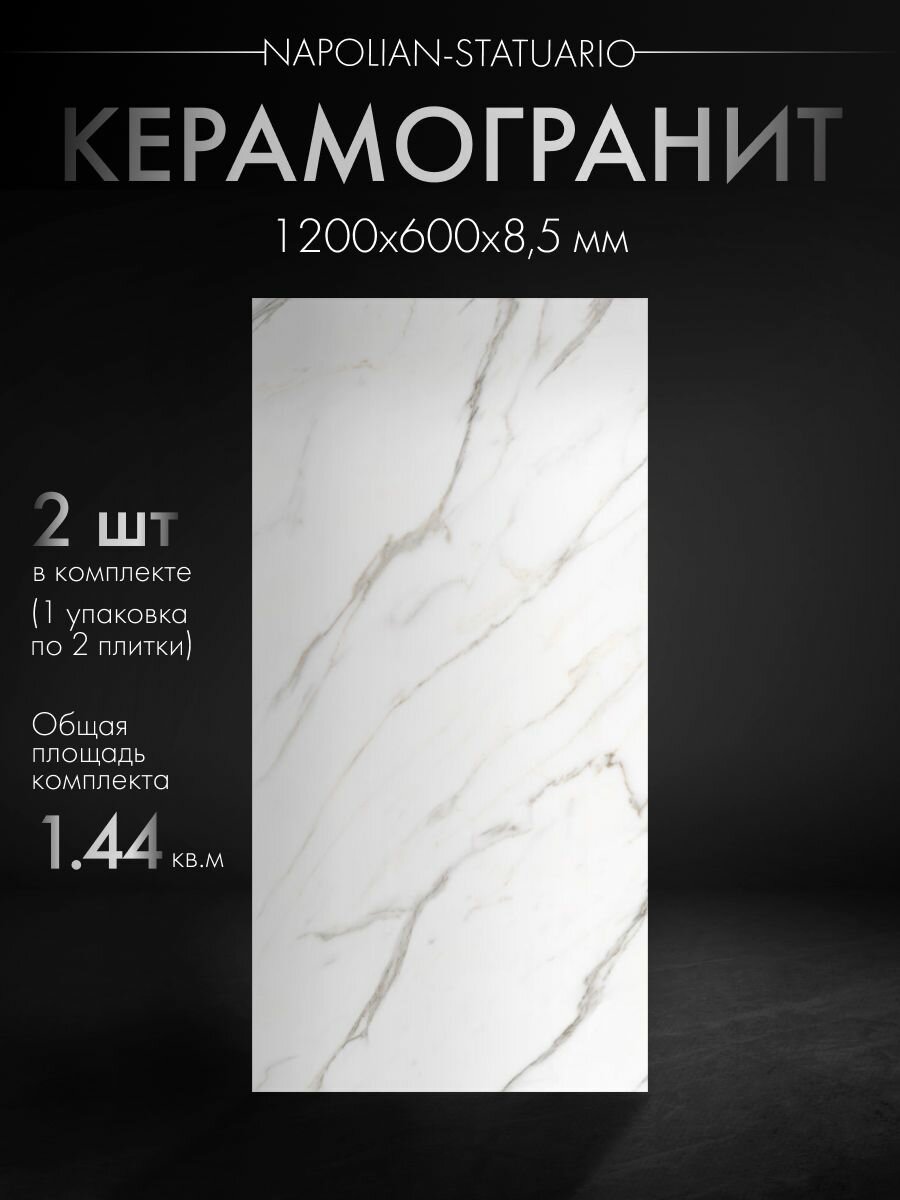 Керамогранит 120*60 плитка напольная настенная, белый керамогранит матовый, 2 штуки в комплекте, упаковка 1,44 м2
