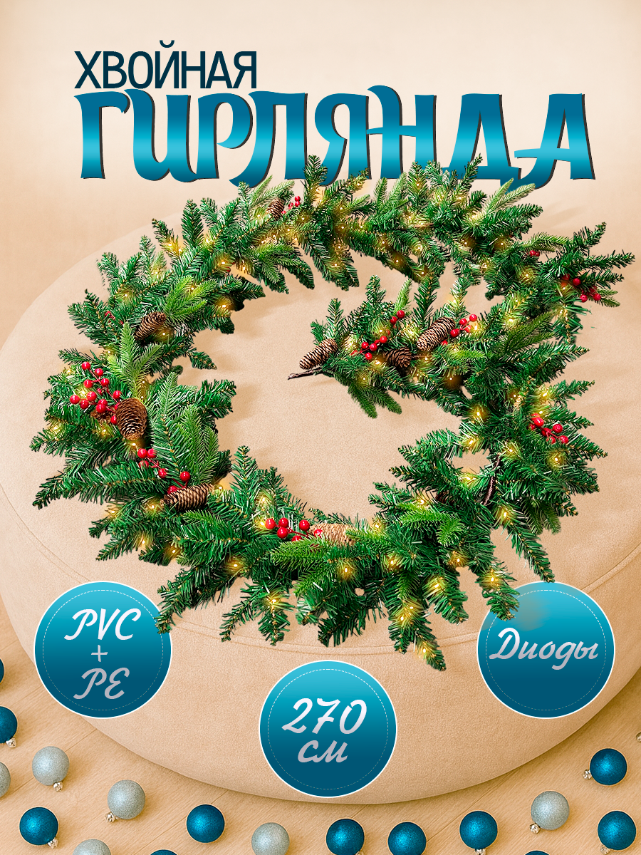 Гирлянда новогодняя хвойная со встроенной гирляндой и настоящими шишками