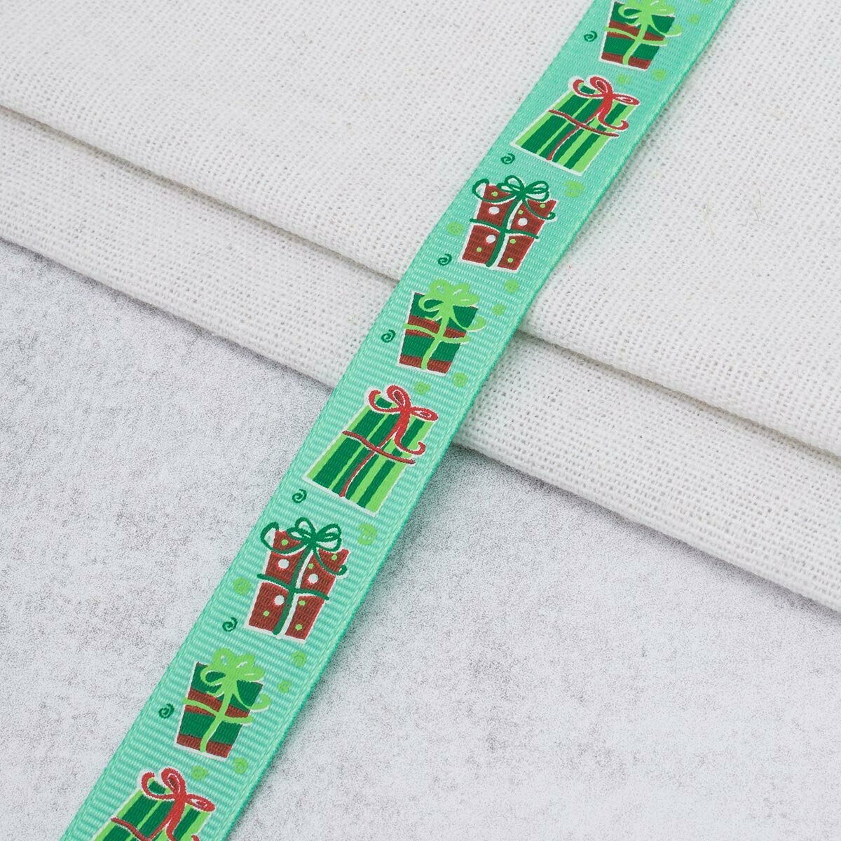 Лента декоративная для упаковки подарков, репсовая, с рисунком 'Подарки', 1 см х 45,72 м, цвет бирюзовый