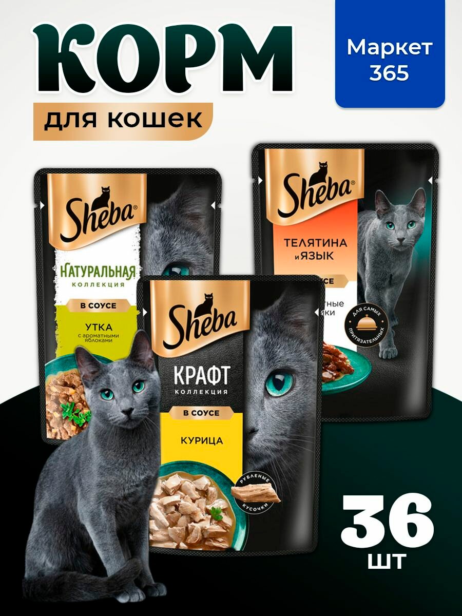 Влажный корм для кошек Sheba. Набор "три вкуса". Курица, утка с ароматными яблоками, телятина и язык. 36 шт х 75 г