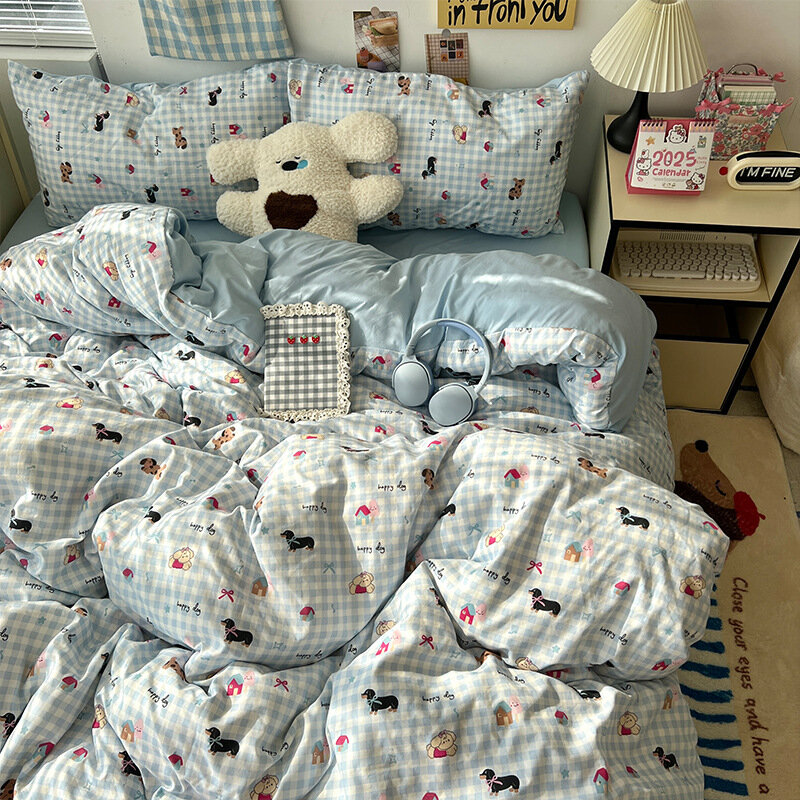Комплект из четырех простыней из стираного хлопка с милым рисунком (класс А), осеннее постельное белье, пододеяльник для студенческого общежития, комплект из трех предметов,180*220cm