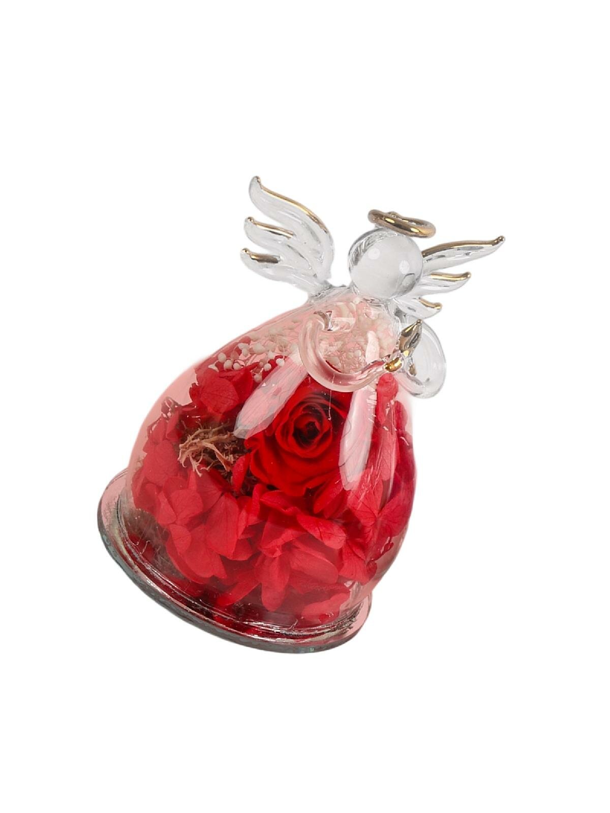 Букеты из вечнозеленых роз Фигурка Ангела в стеклянной крышке Акцент для фестиваля и дома