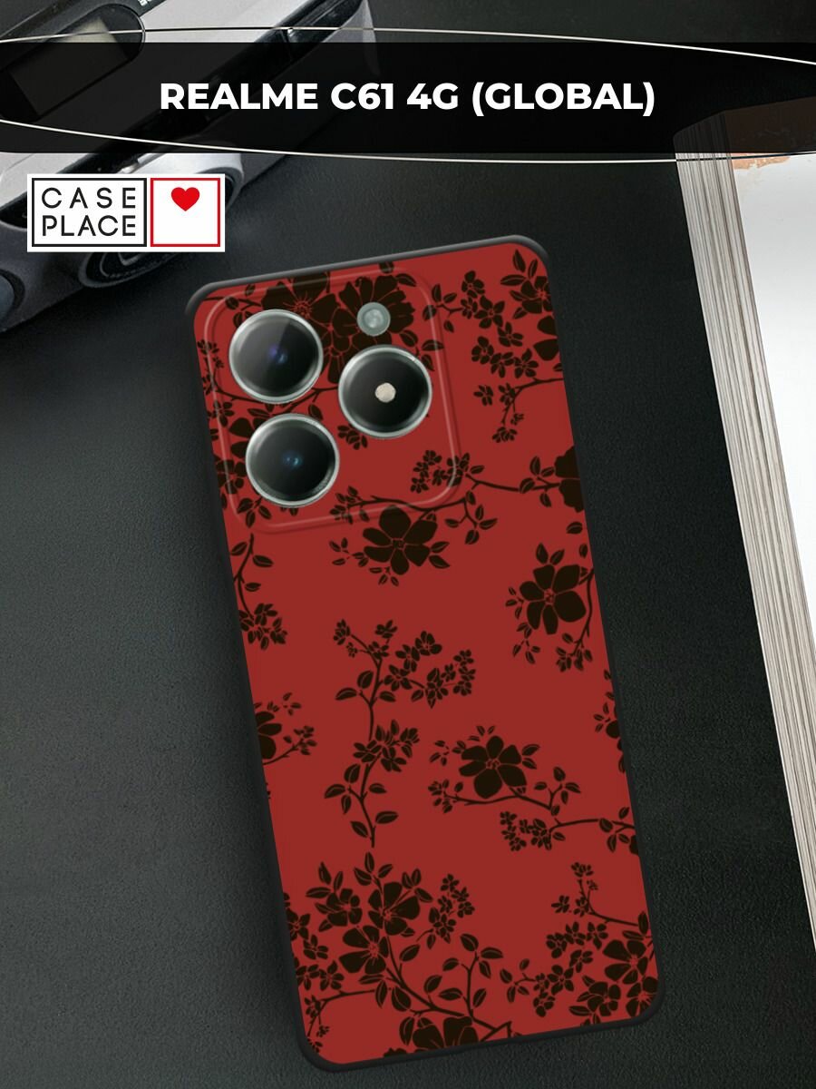 Черный матовый чехол на Realme C61 4G (Global) / Реалми C61 4G с принтом Черные цветы на красном