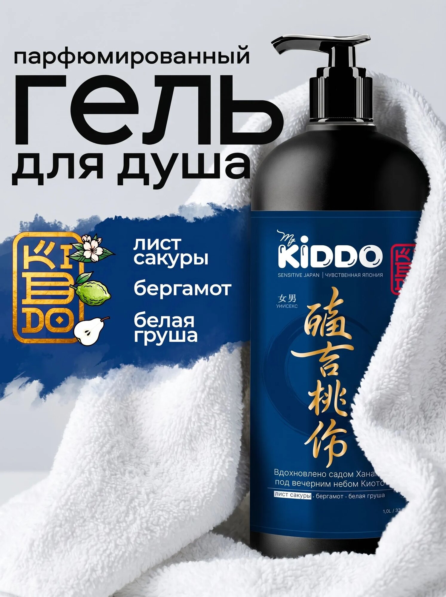 Гель для душа KIDDO, с ароматом белой груши, бергамота и сакуры, увлажняющий, 1 л