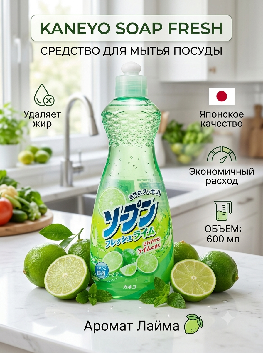Жидкость для посуды Kaneyo "Свежий лайм", для овощей и фруктов, 600мл