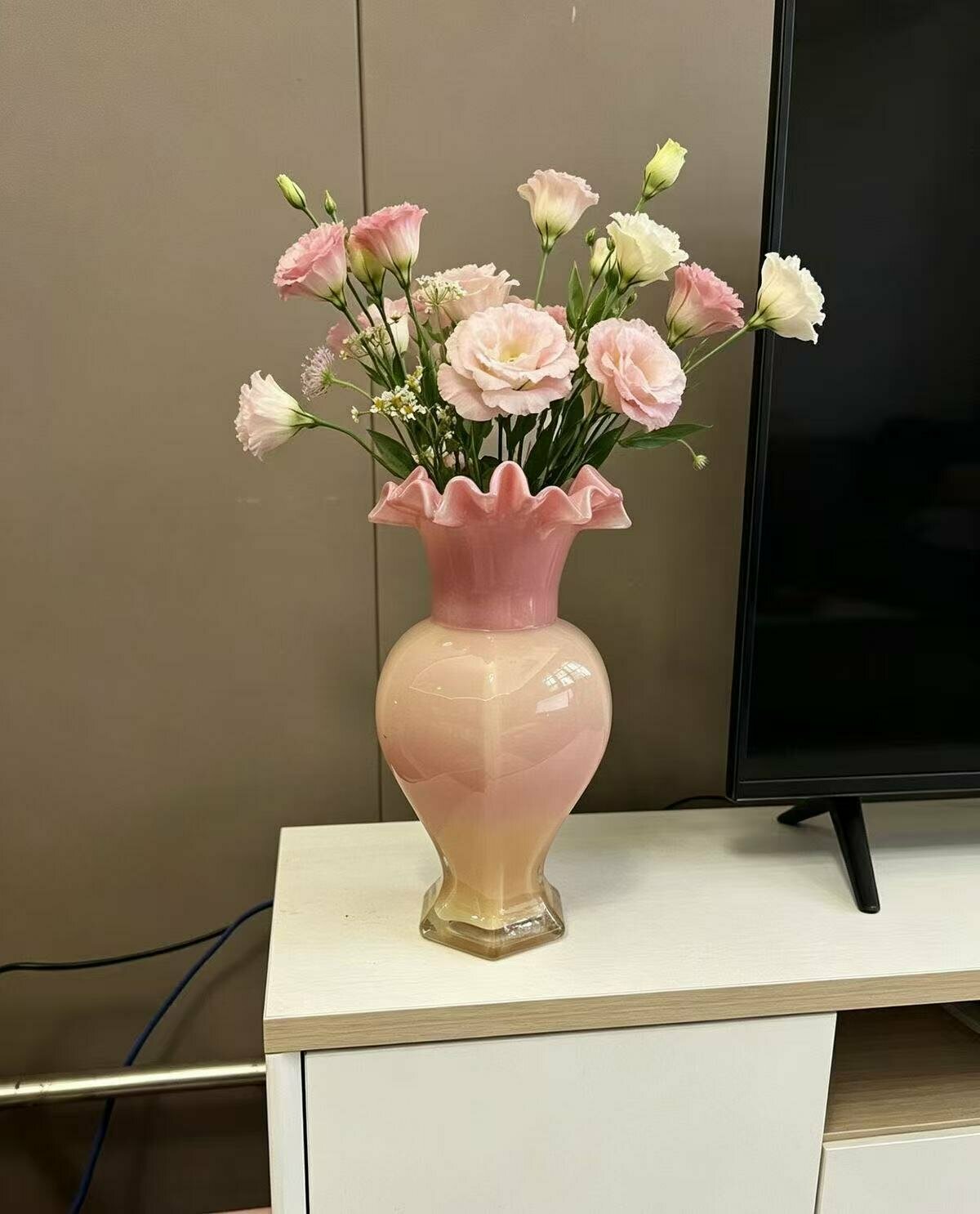 Кристаллический материал，Ваза "Розовый ретро", настольная,13.5* 24см, пудровая, 1шт. розовый