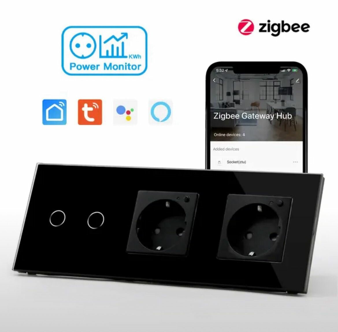 Умный сенсорный выключатель wi-fi Zigbee с 2 умными розетками wi-fi с мониторингом электроэнергии с голосовым управление Алиса